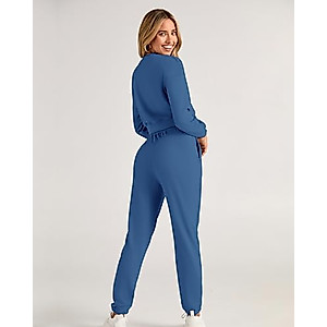 BTFBM Women 2 Piece Outfits 2023 Long Sleeve Crop Tops Tracksuit Drawstring Pant Jogger Set Casual Sweatsuits Pullover(Solid Lake Blue, Medium)