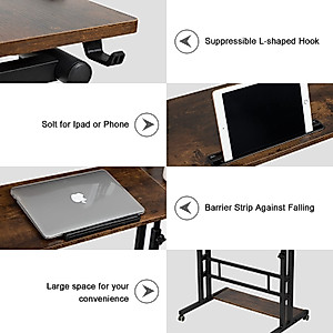 Hadulcet Mobile Standing Desk Adjustable Height, Rolling Desk Stand Up Desk, Mobile Laptop Desk, Rolling Computer Desk with Charging Station, Portable Desk with Wheels, Rustic Brown
