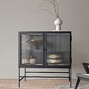 Modern Fluted Glass Buffet Cabinet, Sideboard Cabinet, Credenza with Storage Console Tables with Dual Door, Wine Bar Cabinet for Liquor for Dining Room, Living Room, Hallway (Black)