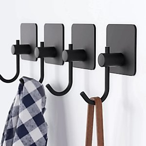 GWAAZXGZ Adhesive Towel Hooks for Bathroom- Black Sticky Hooks for Hanging Towel, Coat, Self Adhesive Hooks for Bathroom, Kitchen, Living Room, 4 Pack
