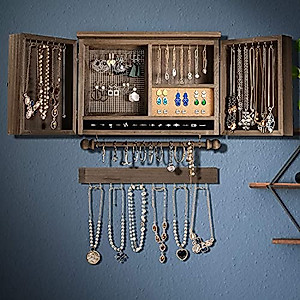 FANTASK Rustic Wall Mounted Jewelry Organizer Cabinet, Wooden Hanging Jewelry Holder Box w/Barndoor, Removable Bracelets Rod, Hooks Shelf, Removable Bracelet Rod & Hook Organizer for Hanging Jewelry