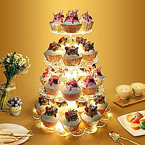 Sibeauty Cupcake Stand 4 Tier Round Acrylic Cupcake Display Stand with LED String Lights Cupcake Holder Stand Dessert Pastry Tower for Wedding Birthday Party