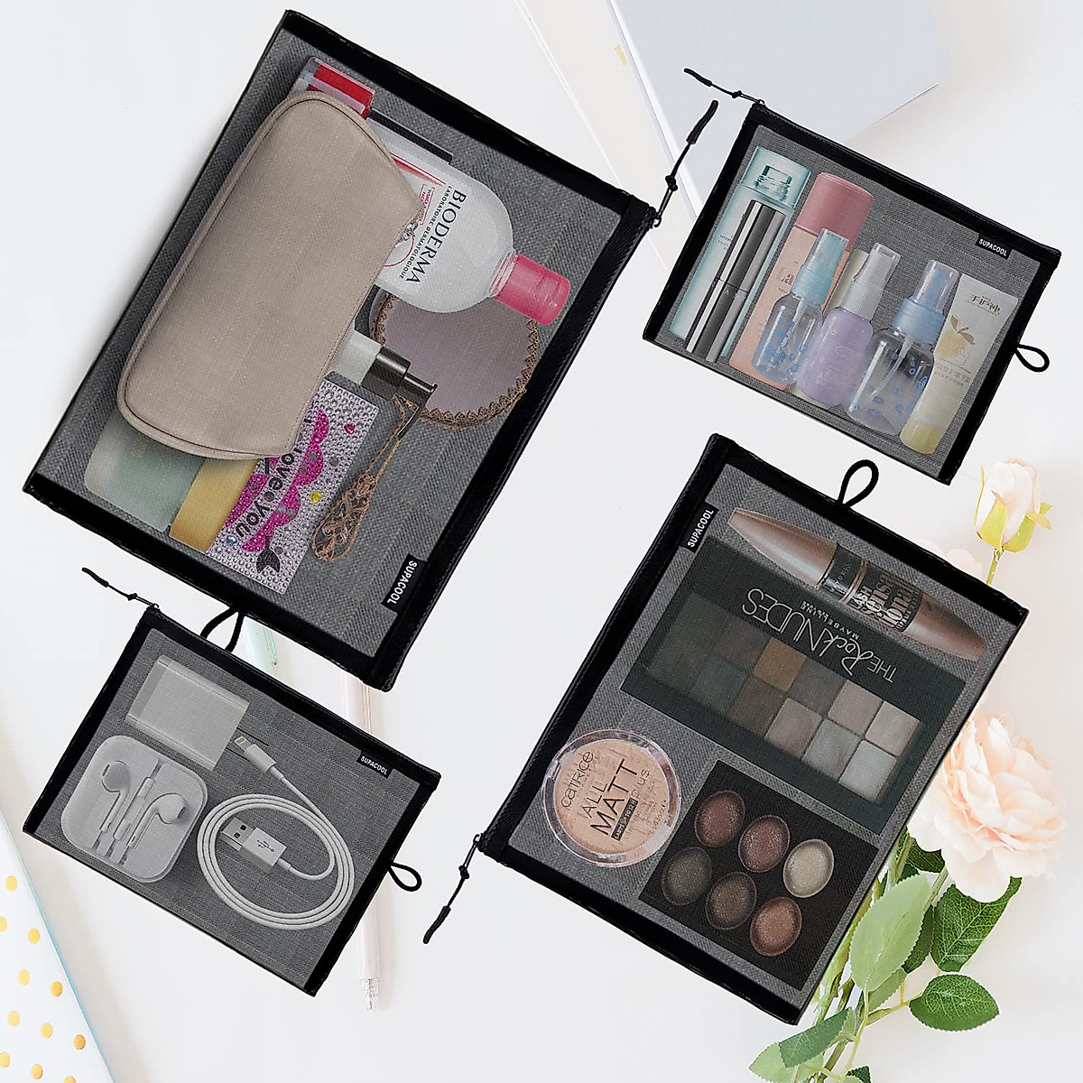 SUPACOOL Lightweight Casual Laptop Backpack with USB Charging Port and Set of 4 Black Travel Mesh Organizer Bags