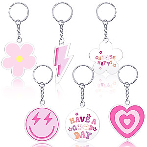 Otuuz 6 Pcs Preppy Smile Key Chain Acrylic Smile Face Keychain Happy Face Aesthetic Preppy Keychain for Backpack Cute Women's Keyrings and Keychains for Girls Purse Pink Accessories Charm, 6 Designs