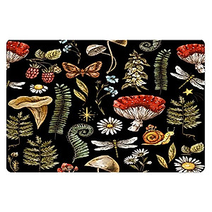 LB Vintage Red Mushroom Bath Mat for Bathroom,Rustic Green Plant and Floral Bathroom Rug, Black Non Slip Absorbent Bathroom Mat Memory Foam Rug Doormat, 24x16 Inch