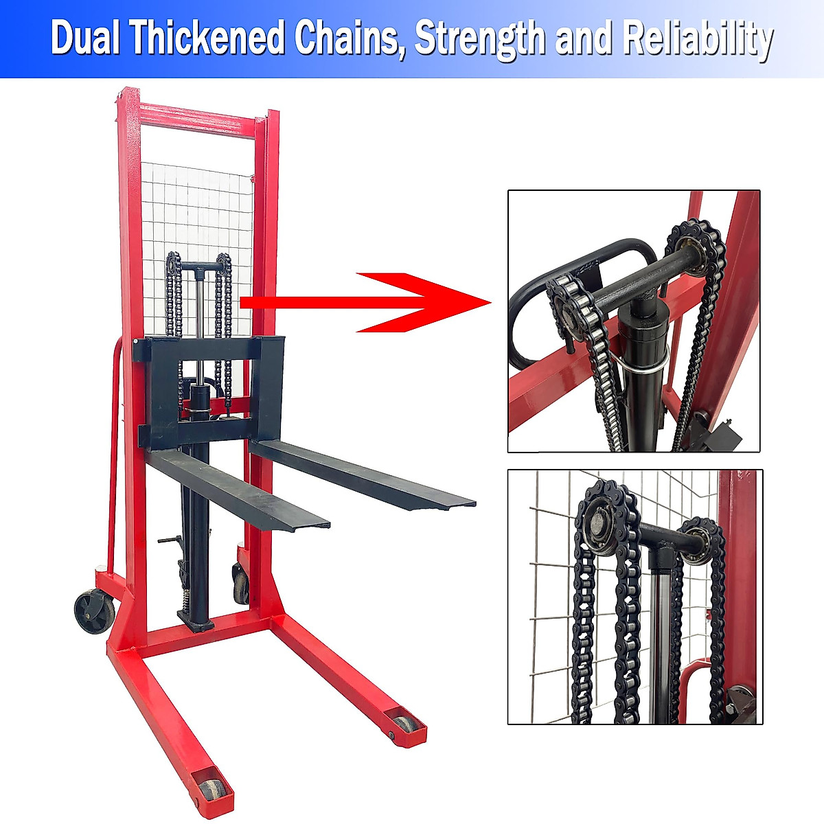 EQCOTWEA 2T Manual Forklift Pallet Stacker, 4400 lbs Capacity, 63-inch Lift Height, Adjustable Forks, Hydraulic System Stacker, Hand Operated Pallet Forklift for Lifting Single-Sided Pallets