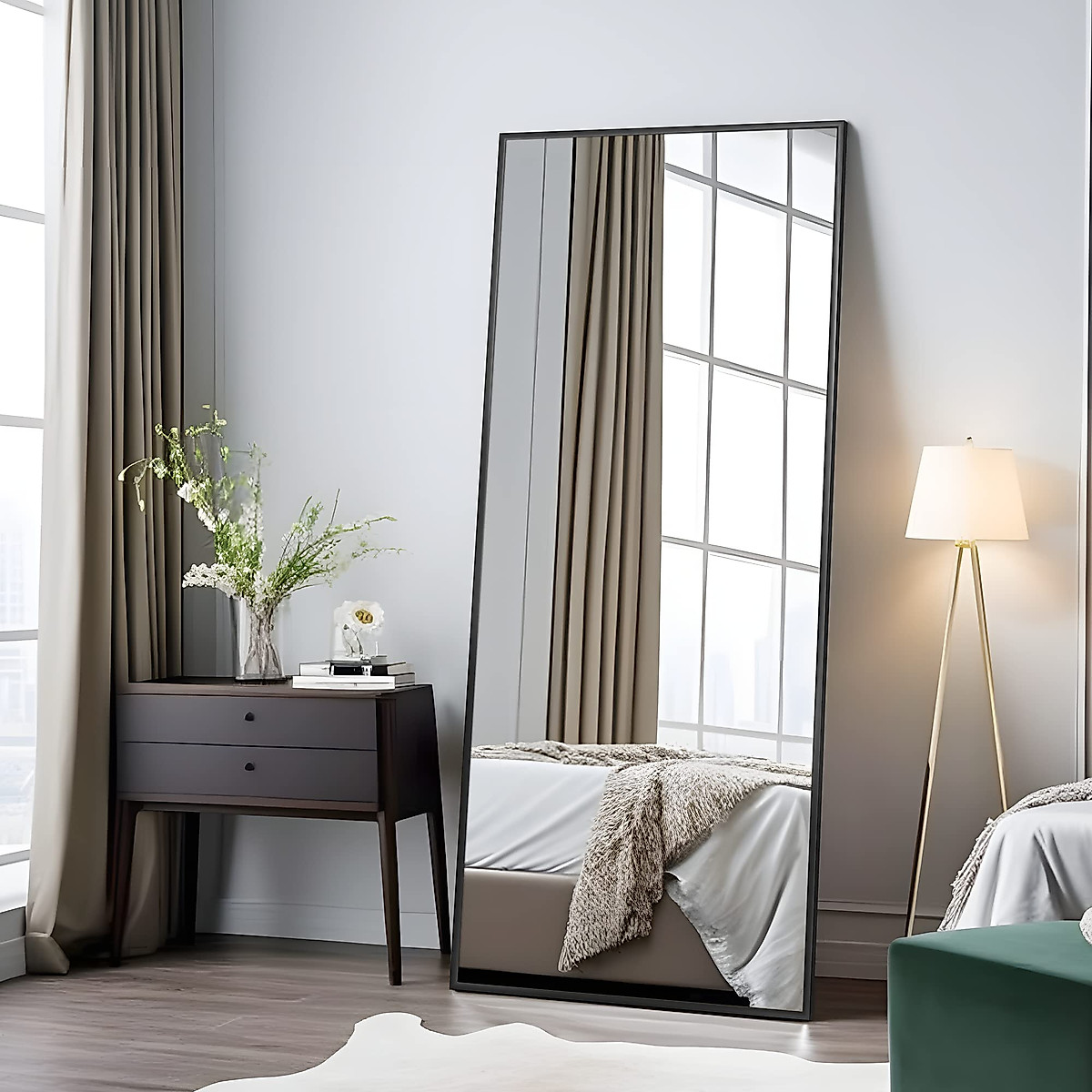 Pexfix Full Length Mirror Hanging Mirror Dressing Mirror Wall-Mounted Mirror with Stand,Full Body Mirror with Aluminum Alloy Thin Frame,Black,65"x22"