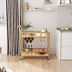 Furmax Home Industrial Serving Mobile Bar Cart on Wheels with Wine Rack and Glass Holder 2 Wood Storage Shelves for Living Room, Kitchen, Party (Gold)