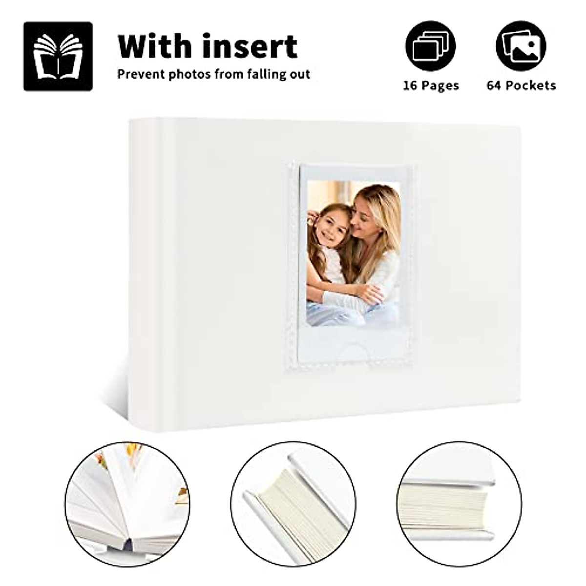64 Pockets Mini Photo Album with Writing Space, Front Window, Polaroid Photo Album 3 Inch for Fujifilm Instax Mini 12 11 9 8 7+ 40 EVO Film, Polaroid 300, HP Sprocket, K-pop Photocards (White)