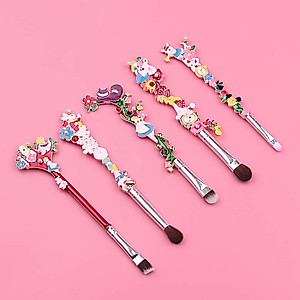 Alice in Wonderland Makeup Brush Set,5pcs Cute Alice Flower Makeup Brushes with Premium Synthetic Fiber and Metal Handle for Blush, Foundation, and Lips, Prefect Gift for Sister Teenager Girl