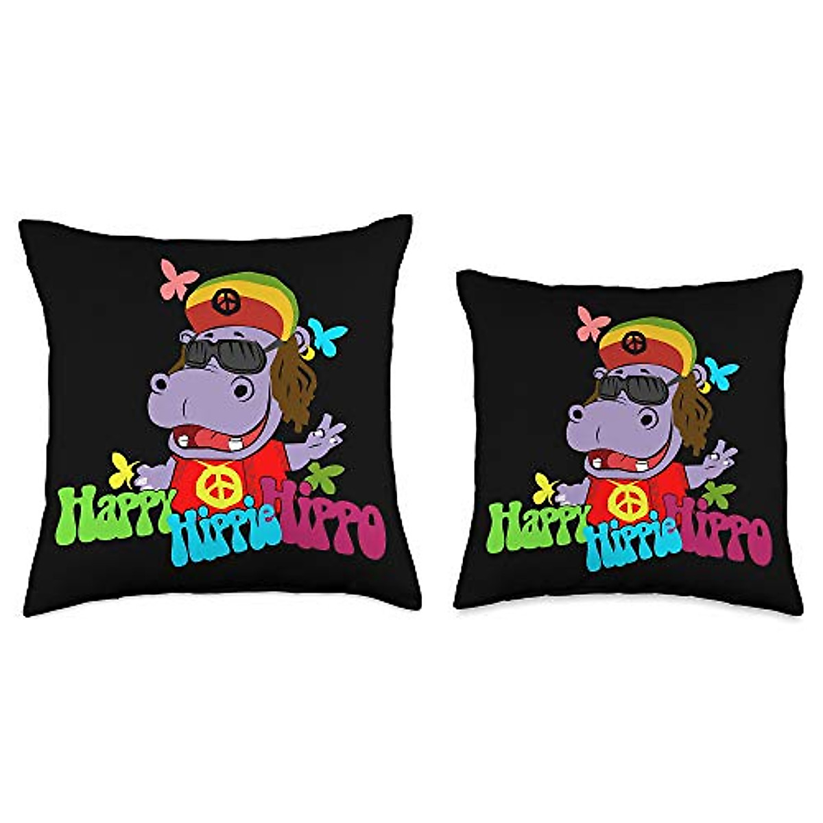 Happy Hippie Hippo Gifts for Hippie Lover Funny Hippie Hippo 90s 80s Throw Pillow, 16x16, Multicolor