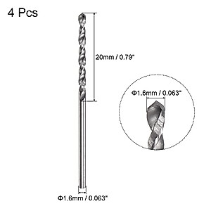 uxcell Solid Carbide Drill Bits, 1.6mm C2/K20 Tungsten Carbide Jobber Drill Bits Straight Shank Drilling Tool for Stainless Steel Aluminum Iron Metal Plastic 4pcs