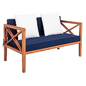Safavieh PAT7031E Collection Nunzio Teak 4 Pc Accent Outdoor Set, Natural/Navy + Solid Pillow