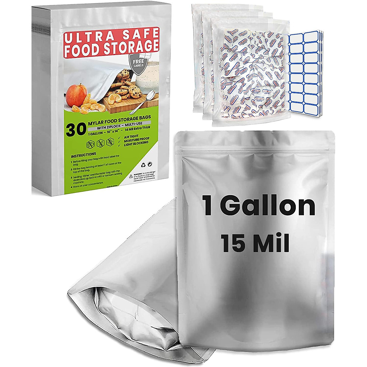 30pcs Mylar Bags for Food Storage with Oxygen Absorbers - Extra Thick 14.8 Mil - 1 Gallon Mylar Bags with Oxygen Absorbers 400cc- Ziplock Resealable Bolsas Mylar con absorbentes - Mylar Bag 1 Gallon