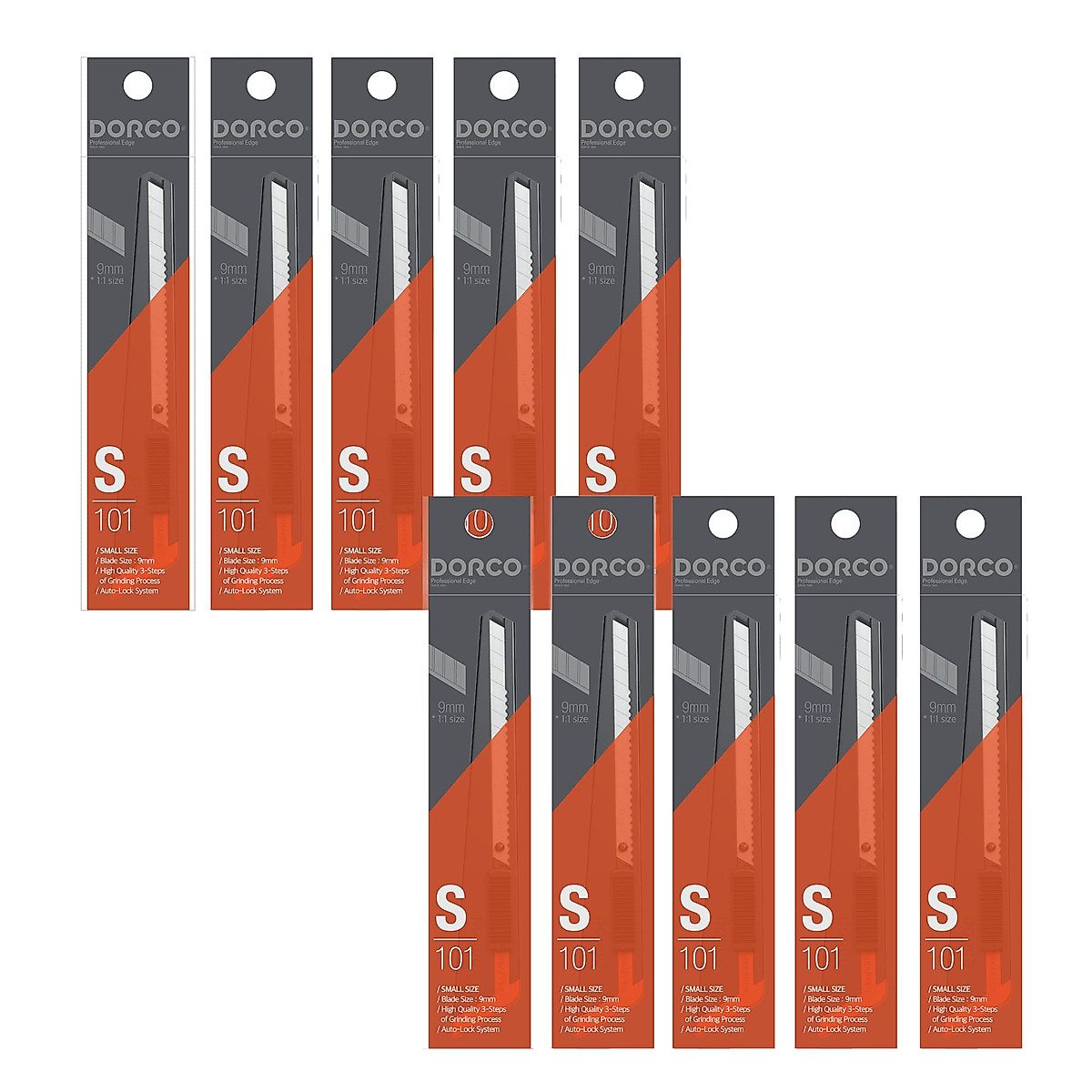 10 Pcs, DORCO Professional Quality Utility Box Cutter Knife S101 - Auto-Lock Safety System, Small Design, Retractable, Built-In Snap-Off Tool, Replaceable Carbon Steel Blade, 60° Tip - 9mm