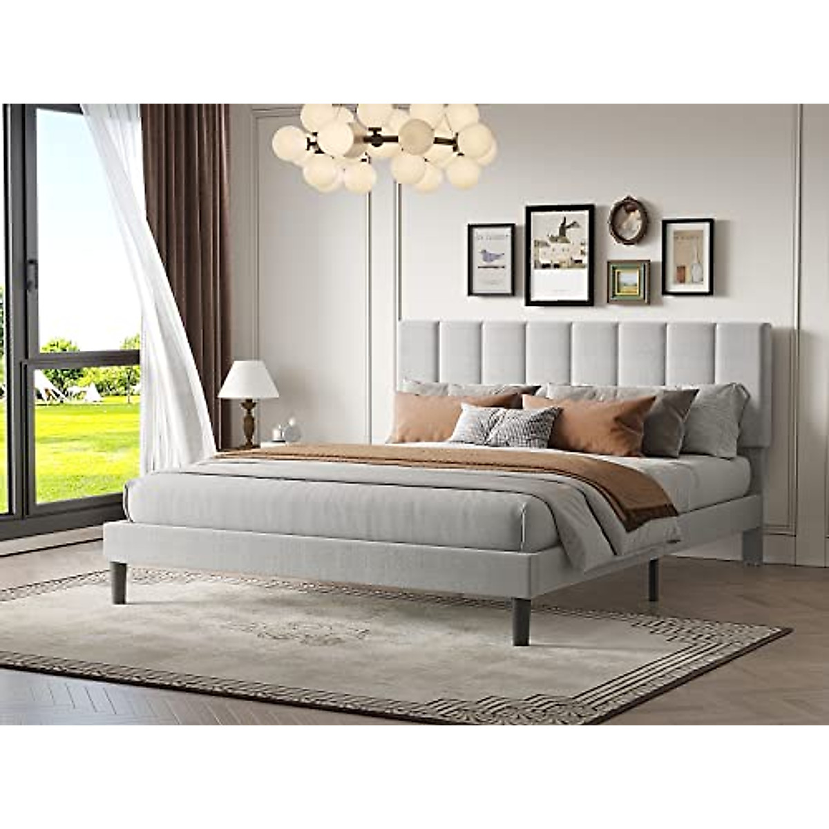 BONSOIR King Size Bed Frame Modern Vertical Panel Upholstered Low Profile Platform with Tufted Headboard/No Box Spring Needed/No Bed Skirt Needed/Linen Fabric Upholstery/Light Grey