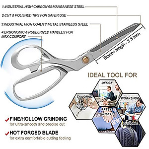 Fabric Scissors 8.5 Inch Heavy Duty Dressmaking Shears Sewing Tailor Scissors, Ultra Sharp All Metal Stainless Steel Craft Household Scissors for Cutting Fabric, Leather, and Raw Materials（Silver）