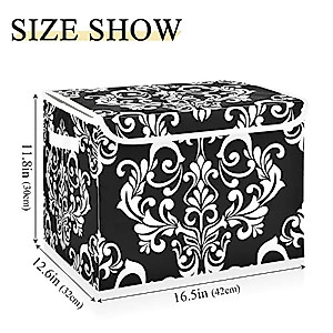 Kigai Storage Basket Black Damask Baroque Floral Storage Boxes with Lids and Handle, Large Storage Cube Bin Collapsible for Shelves Closet Bedroom Living Room, 16.5x12.6x11.8 In