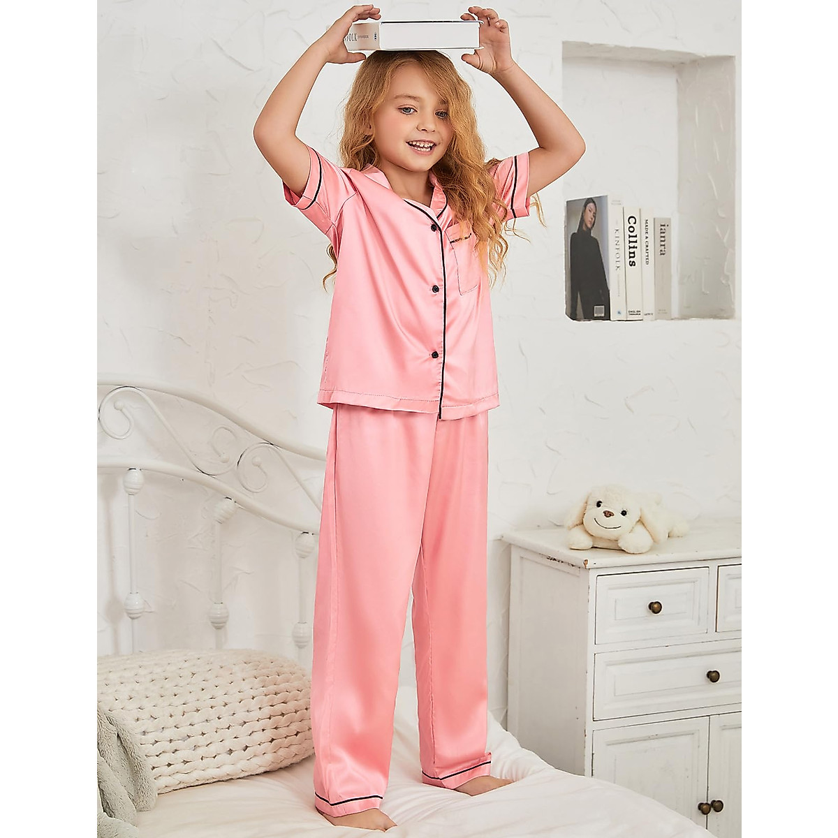 Jxstar Button Up Satin Pajamas for Girls Boys Silk Pjs Sets Kids Champagne Short Sleeve Sleepwear,4t 5t