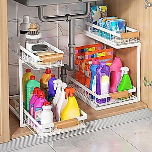 Tainrunse Sliding Cabinet Organizer Kitchen Shelf Maximize Storage with Durable 2-Tier Rust-Resistant Metal Construction for Easy Access Under Sink Narrow White