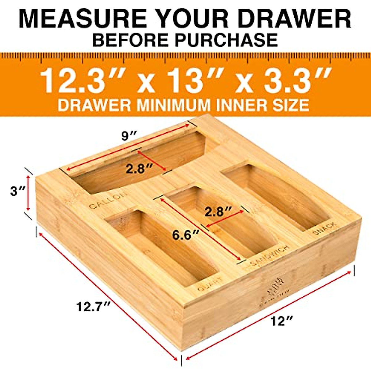 HEALTHY DREAM Bamboo Ziplock Bag Storage Organizer and Dispenser for Kitchen Drawer - Compatible with Ziploc, Hefty, Glad, Solimo for Snack, Sandwich, Quart and Gallon Size Storage Bags (4 in 1)