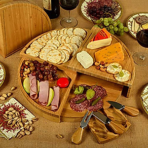 Picnic at Ascot Patented Bamboo Cheese/Charcuterie Board with Knife Set-Stores as a Compact Wedge-Opens to 18" Diameter-Designed & Quality Checked in USA