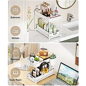MERRYBOX 2 Pack Under Sink Organizers and Storage, Sliding Under Bathroom Cabinet Organizer, 2 Tier Kitchen Under Sink Organizer Pull Out Drawer with 8 Hooks, 2 Hanging Cups, 8 Non-Slip Feet, White
