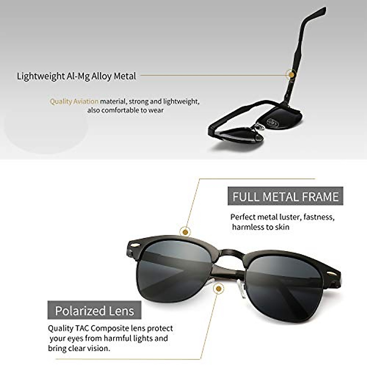 SUNGAIT Classic Half Frame Retro Sunglasses with Polarized Lens (Black Frame Gray Lens)