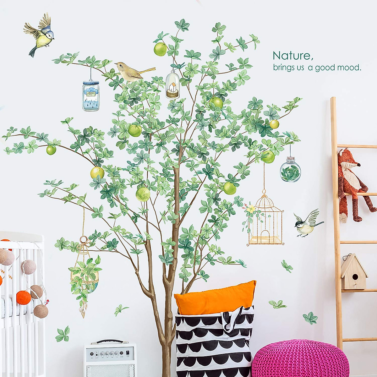 RW-DZ29 Large Green Tree Wall Decals 3D Green Tree Birds Wall Stickers Birdcage Plant Flower Decals DIY Removable Green Tree Animals Wall Art Decor for Kids Baby Bedroom Living Room Nursery Office
