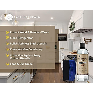 Kate Naturals Mineral Oil for Cutting Board 8oz with Wax Applicator. Food Grade & Food Safe Mineral Oil to Protect Wood on Cutting Boards & Butcher Blocks