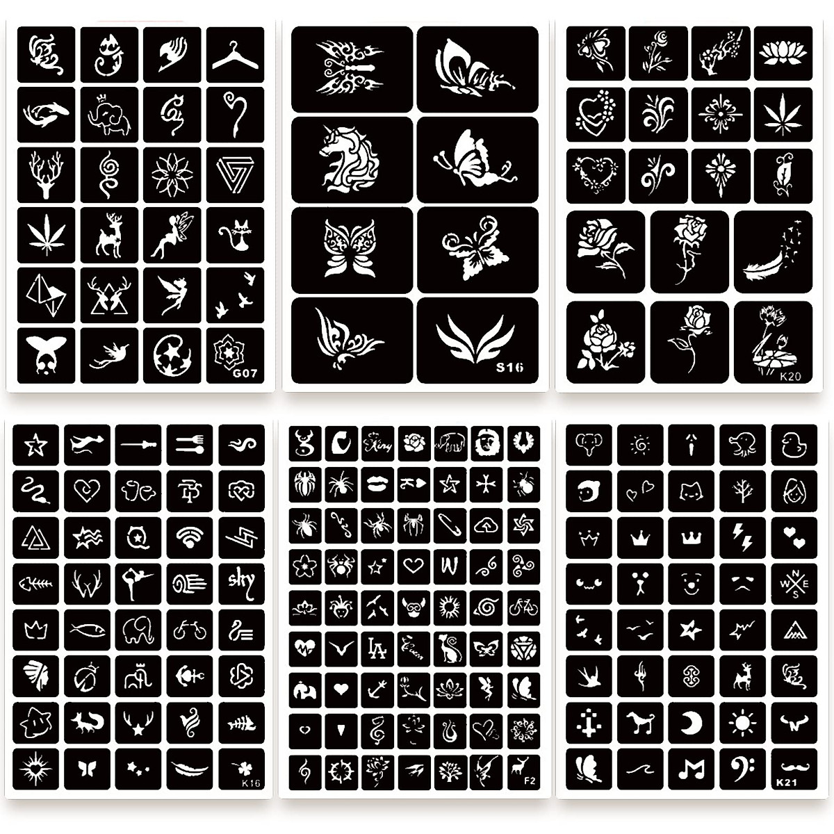 ChurlChurl 575pcs Temporary Tattoo Stencils, 20 Sheets Henna Tattoo Stencil Kit for Women Girls Kids and Boys Face Body Paint DIY Art Reusable Glitter Tattoo Stencils Pack