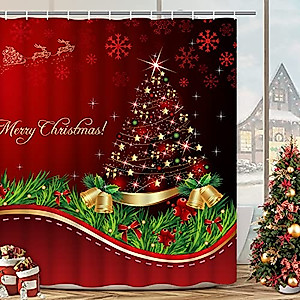 Claswcalor 5 Pcs Merry Christmas Shower Curtain Sets with Rugs, Toilet Lid Cover, Bath Mat and Toilet Seat Cover, Waterproof Xmas Christmas Tree Shower Curtains for Bathroom with 12 Hooks, Red