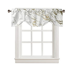 Tie Up Valance for Kitchen Windows,Abstract White Marble Gold Inlay Adjustable Valances Rod Pocket Short Curtain,Modern Simple Geometric Tie Up Curtains Valance for Bedroom Bathroom 42x12in