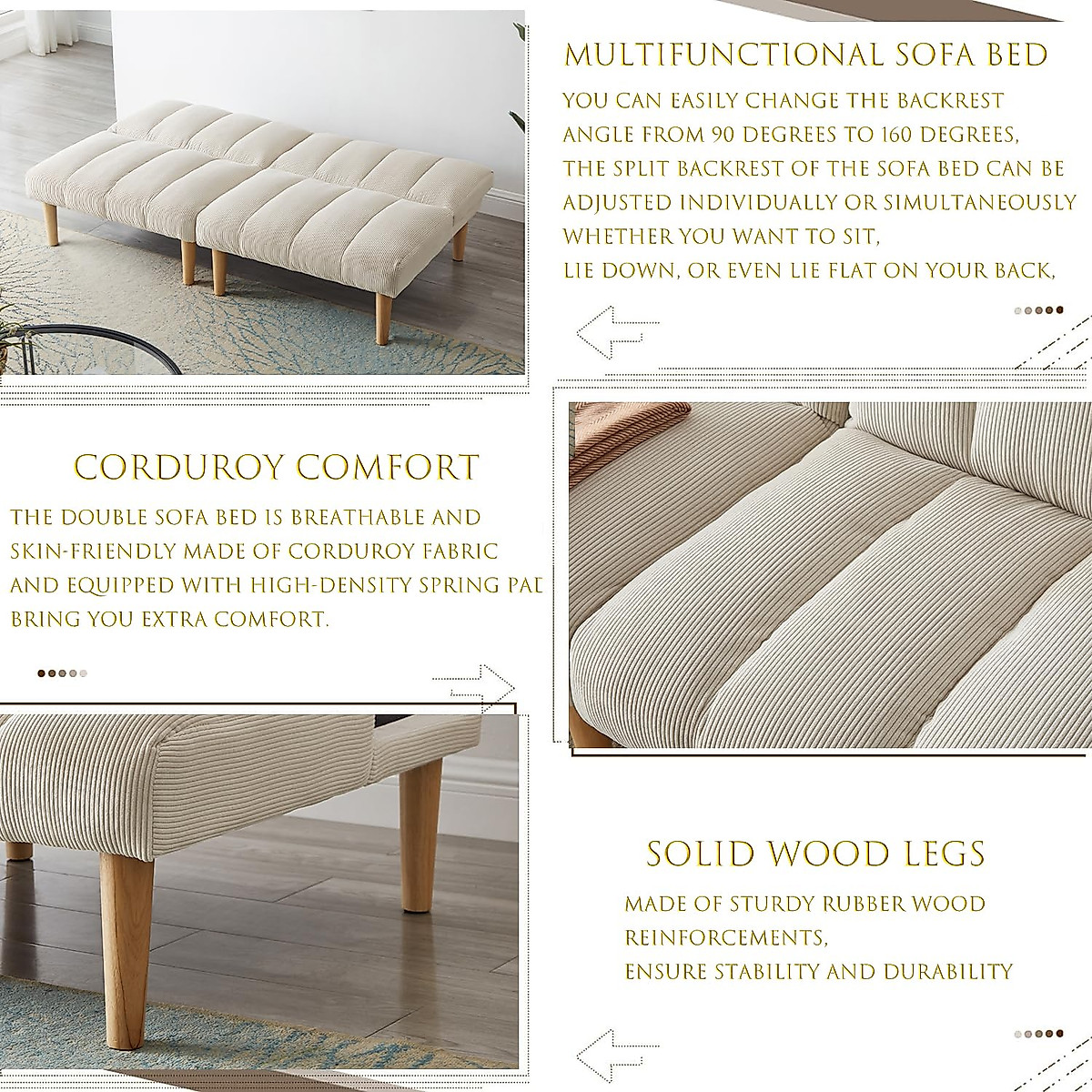 Modern Corduroy Convertible Folding Futon Couch Sofa Bed,with Adjustable Backrest Memory Foam Couch Double Loveseat Sofa for Compact Living Space,Dorm,Game Studio,Apartment,Bedroom (White)