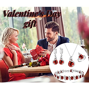 GZWHD Red Jewelry Set Created Waterdrop Garnet Earrings Necklace Open Ring Tennis Bracelet Set, Silver-Tone,Party Prom Wedding Jewelry Valentine's Day Gift for Women Lady