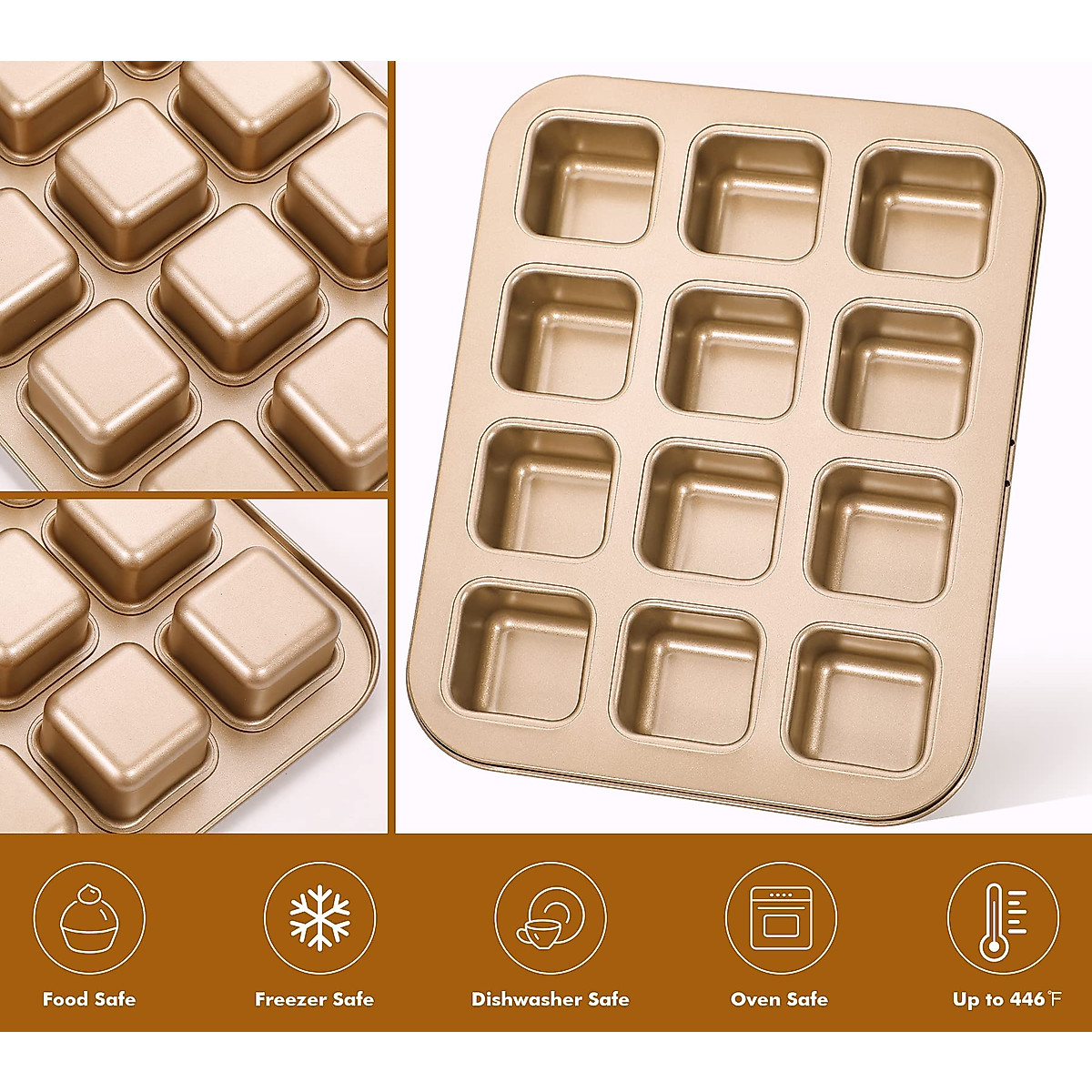Webake Brownie Cake Pan, 12-Cavity Non-Stick Square Muffin Pan 1.6 Inch Deep Brownie Mold Small Cake Pan Bakeware for Oven Baking (Champagne Gold)