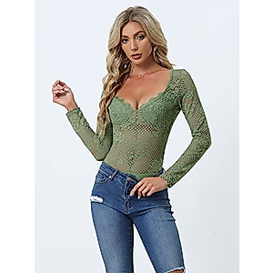 Allegra K Women's Lace Bodysuit Top Long Sleeve Clubwear Sexy V Neck Crotch Leotard Tops Small Green
