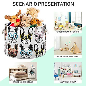 ALAZA Round Storage Basket Bin Cute Glasses French Bulldog Collapsible Waterproof Laundry Hamper Baby Nursery Basket Organizer with Handles for Bedroom Closet Toys Gifts