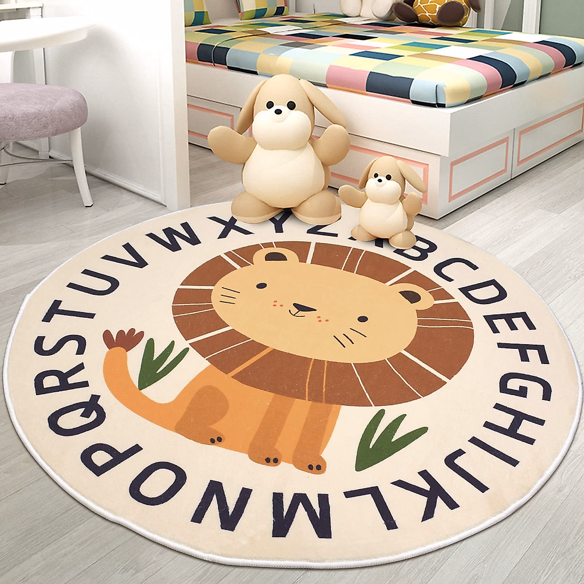Lacomfy Kid Rugs Animal Play Rug 4Ft Large Round Lion Play Mat Soft Alphabet Educational Area Rug Nonslip Circle Baby Crawling Mat for Boys Girls Carpet for Kids Playroom Nursery, Sitting