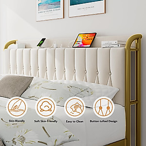 iPormis King Size Metal Bed Frame with Charging Station, Velvet Headboard and Footboard, Heavy Duty Steel Support, 12" Under Bed Storage, No Box Spring Needed, Easy Assembly,Beige&Gold