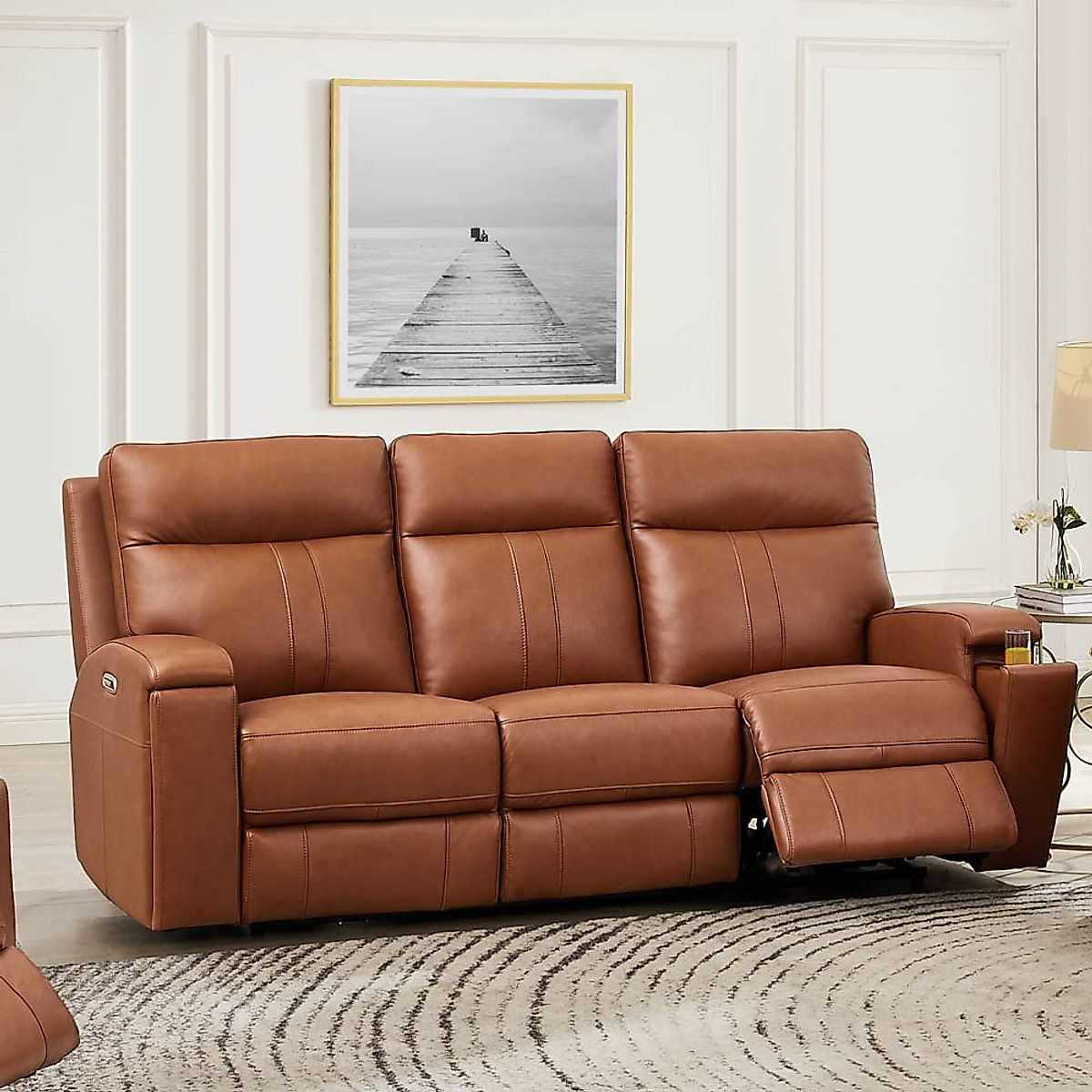 Hydeline Venice Zero Gravity Power Recline and Headrest Top Grain Leather Sofa Couch with Hidden Cup Holder, 86", Nutmeg Brown, Memory Foam, Pocket Coils and Control Panel