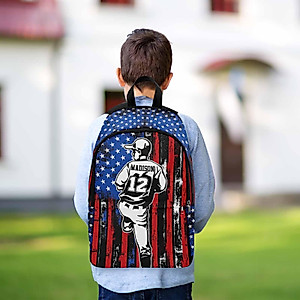 Custom Name Kid's Backpack Watercolor US Flag Pattern Baseball Player Personalized School Bookbag with Your Own Name Customization Casual Bookbags for Student Girls Boys on Birthday School Season