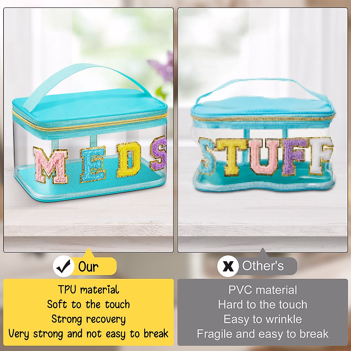 Geetery Chenille Letter Bag Nylon Makeup Bag Portable Bag Makeup Cases Preppy Patch Makeup Bag with Zipper Cosmetic Toiletry Storage Bag for Women(Green,Elegant Meds)