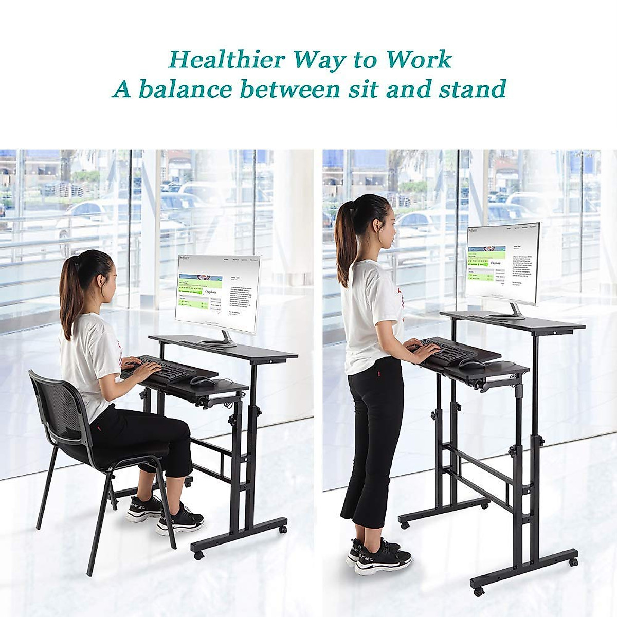 Ejoyous Height Adjustable Stand Up Desk, Mobile Standing Desk Sit to Stand Computer Desk Laptop Table Workstation with Rolling Wheels for Home Office