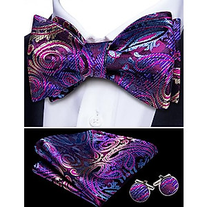YOHOWA Mens Bow Tie Set with Lapel Pin Brooch Purple Blue Silk Self Tie Bowtie Handkerchief Cufflinks Formal Wedding Party Prom