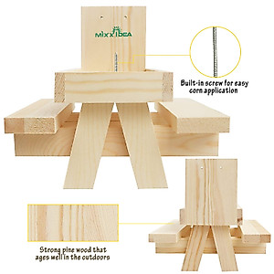 MIXXIDEA Squirrel Feeder Table with Umbrella, Wooden Squirrel Picnic Table Feeder, Durable Squirrel Feeder Corn Cob Holder, with Solid Structure and 2 x Thick Benches(Squirrel Feeder table-1pk)