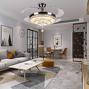 efperfect 42" Crystal Ceiling Fan with Light Retractable Blades Chrome Modern LED Chandelier Remote 3 Color Changes 3 Speeds Silent Ceiling Fans Lighting Fixture, LED Kits Included