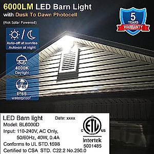 Owleye 6000LM Dusk to Dawn Outdoor Lighting LED Barn Light Security Lights, 42W 4000K Daylight, AC 110-240V, Waterproof Outside Lights for Yard Warehouse Garage