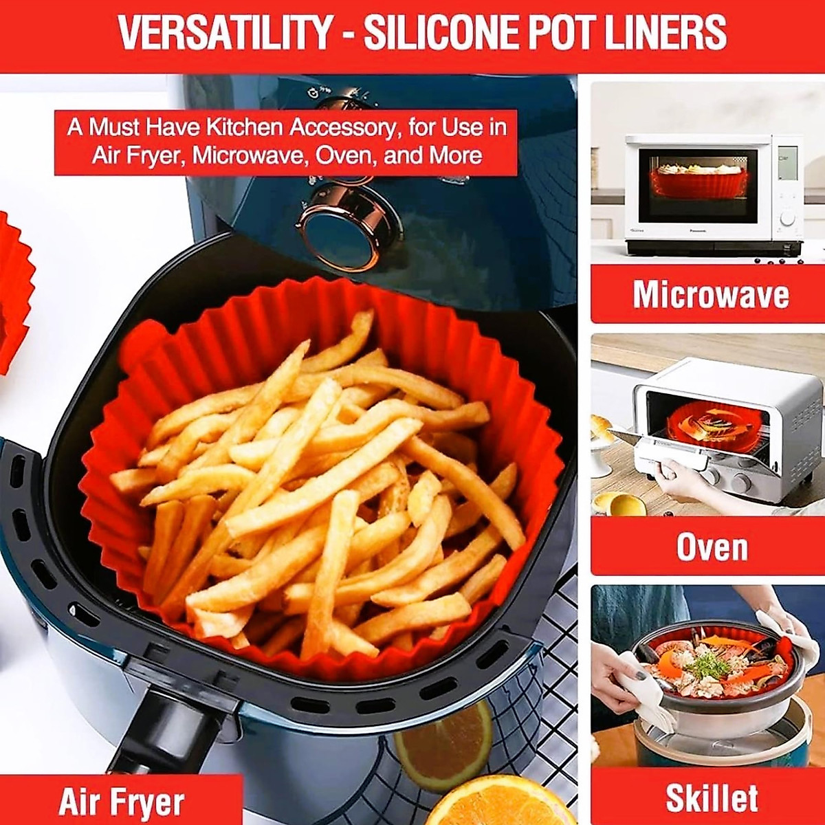Silicone Air Fryer Liners,Replaces Flammable Parchment Paper, Air Fryer Silicone Basket Non-Stick Safe & Easy to Clean,Reusable.(Top: 8inch, Bottom: 6.75inch, 2 Pack)