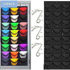 KHIKILY Baseball Hat Rack, 24 Pocket Over-The-Door Cap Organizer with Clear Deep Pockets Wall Mount Bag for Baseball Caps and Hats (Black)